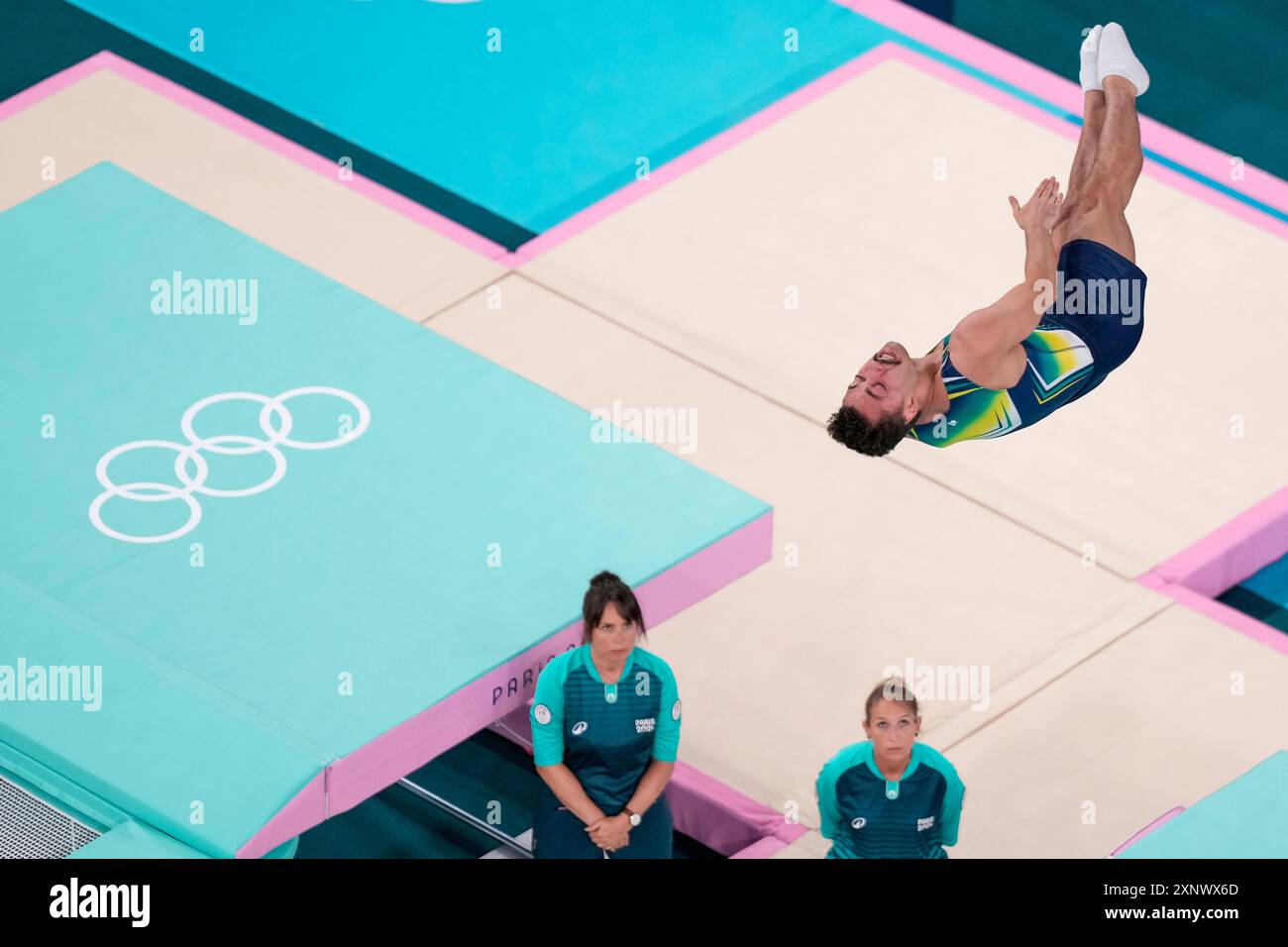 Rayan Dutra of Brazil competes during the men's trampoline qualifying ...