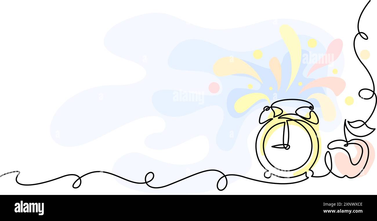 Apple and alarm clock in wavy line. Education and study learning ...