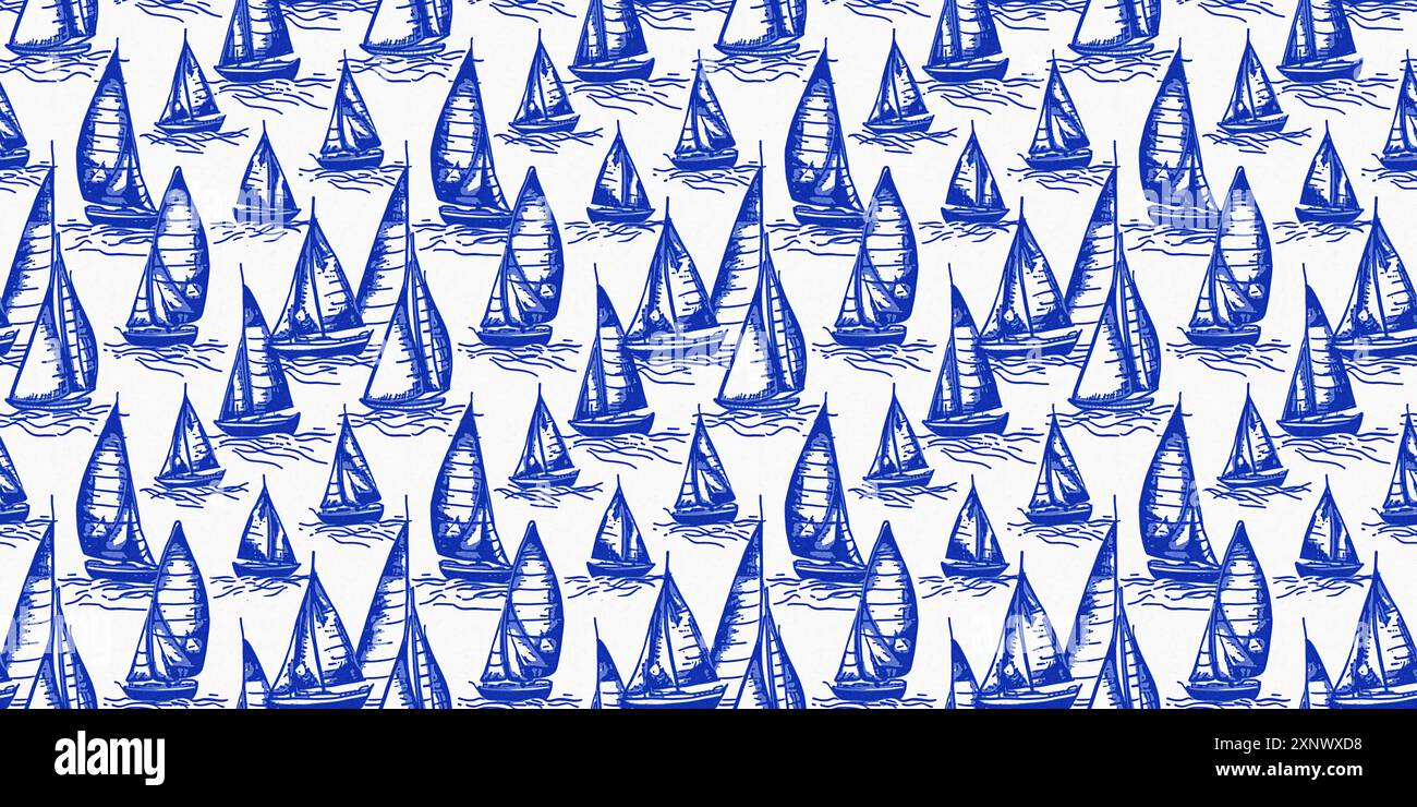 Coastal sail boat in azure ocean blue seamless border background ...
