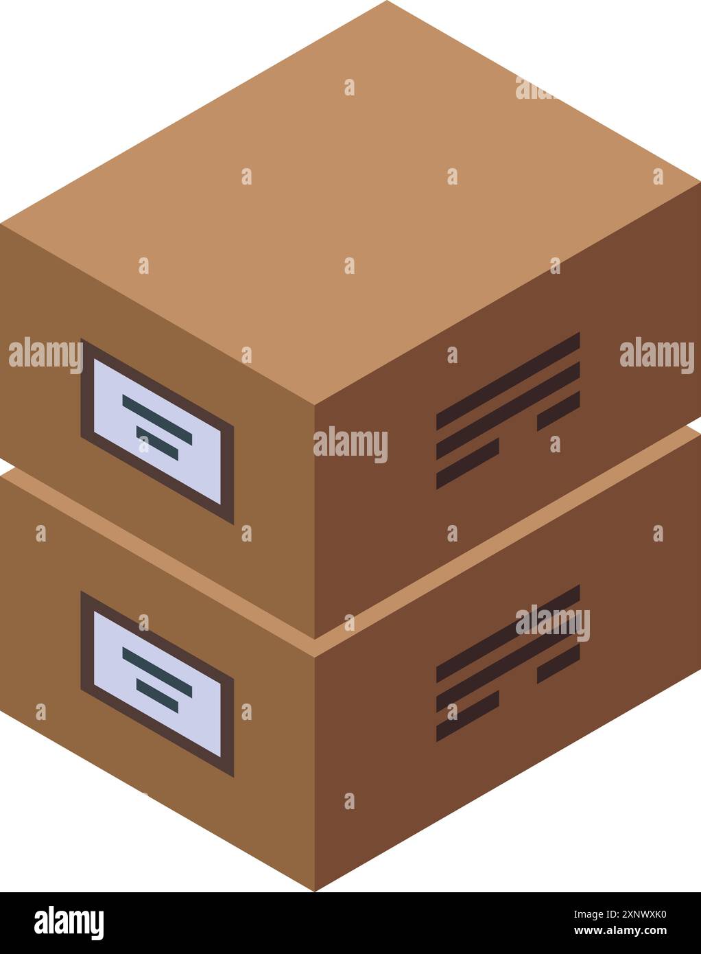 Two closed cardboard boxes with labels are stacked, suggesting they are ...