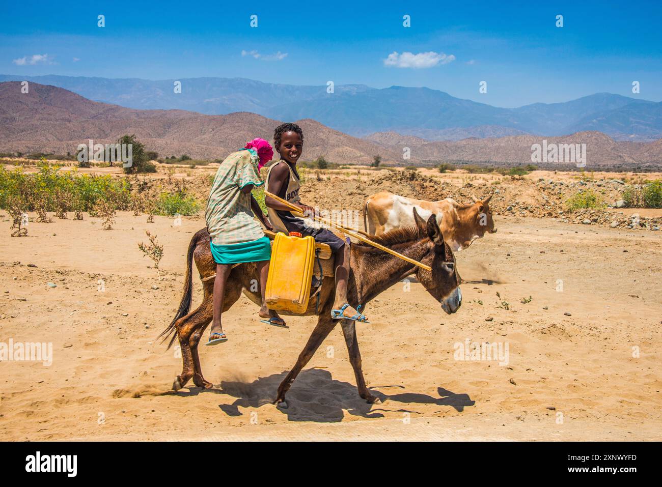 Boy and girl riding on a donkey to a waterhole in the lowlands of ...