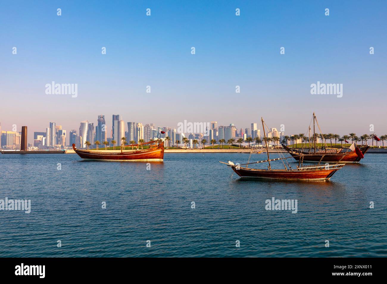 Doha Skyline and Traditional Dhow, Doha, Qatar, Middle East Stock Photo ...