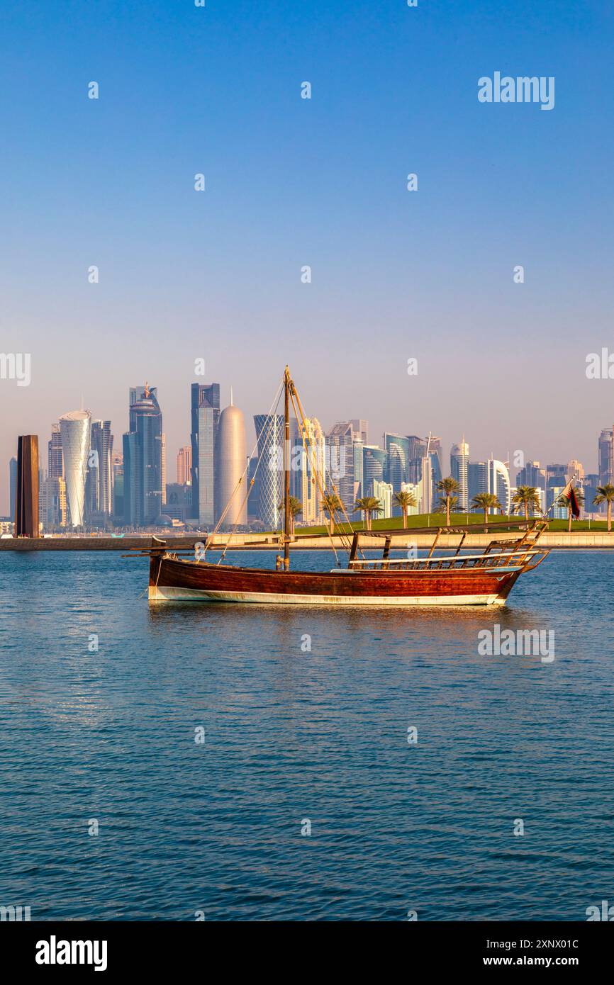 Doha Skyline and Traditional Dhow, Doha, Qatar, Middle East Stock Photo ...