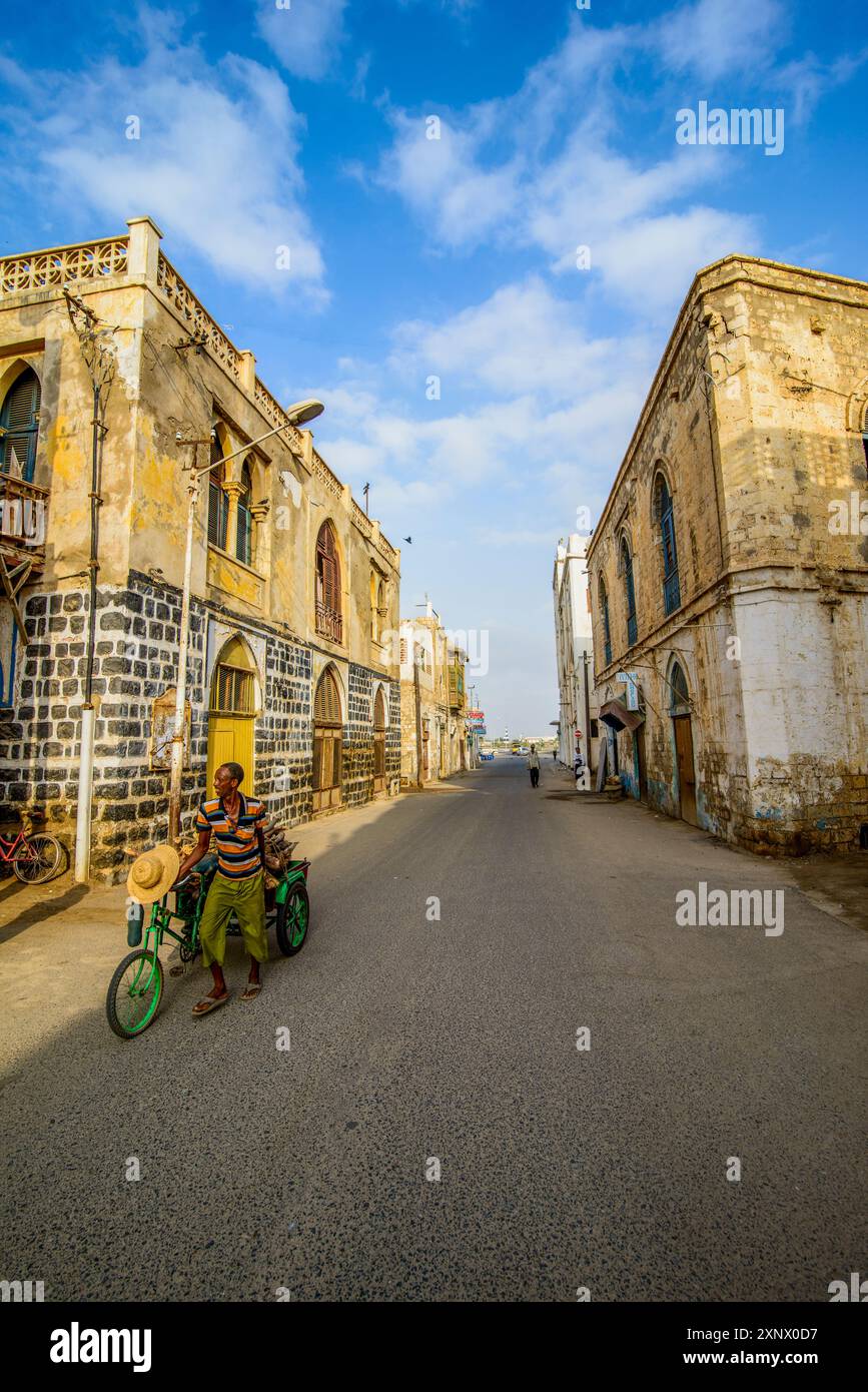 Main road with colonial buildings in the old port town of Massawa ...