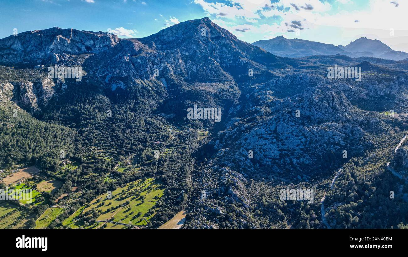 Aerial of the beautiful valley behind Pollenca, Mallorca, Balearic ...