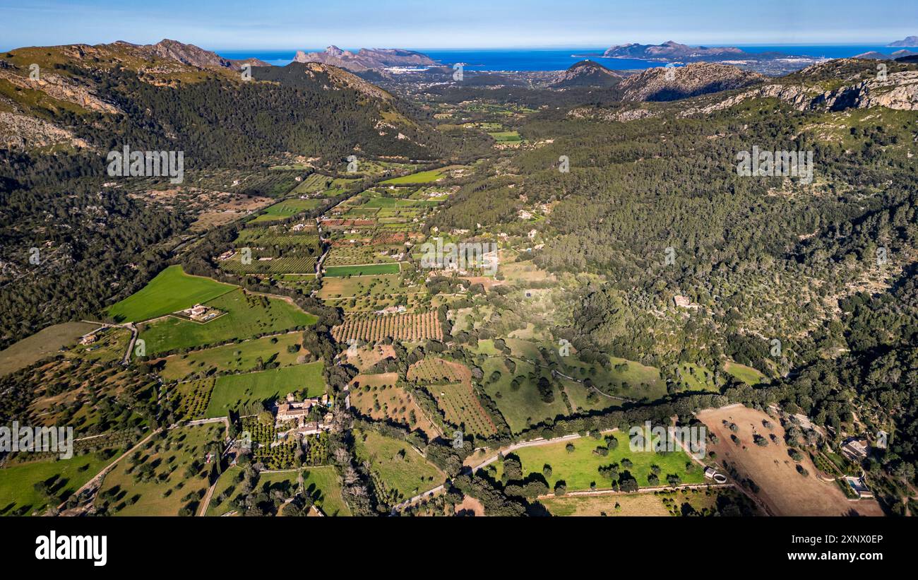 Aerial of the beautiful valley behind Pollenca, Mallorca, Balearic ...