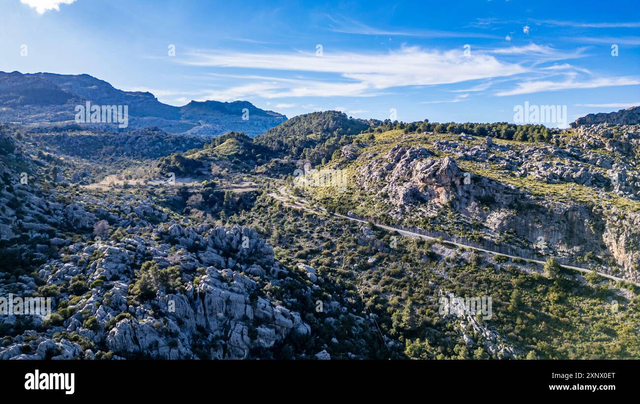Aerial of the beautiful valley behind Pollenca, Mallorca, Balearic ...