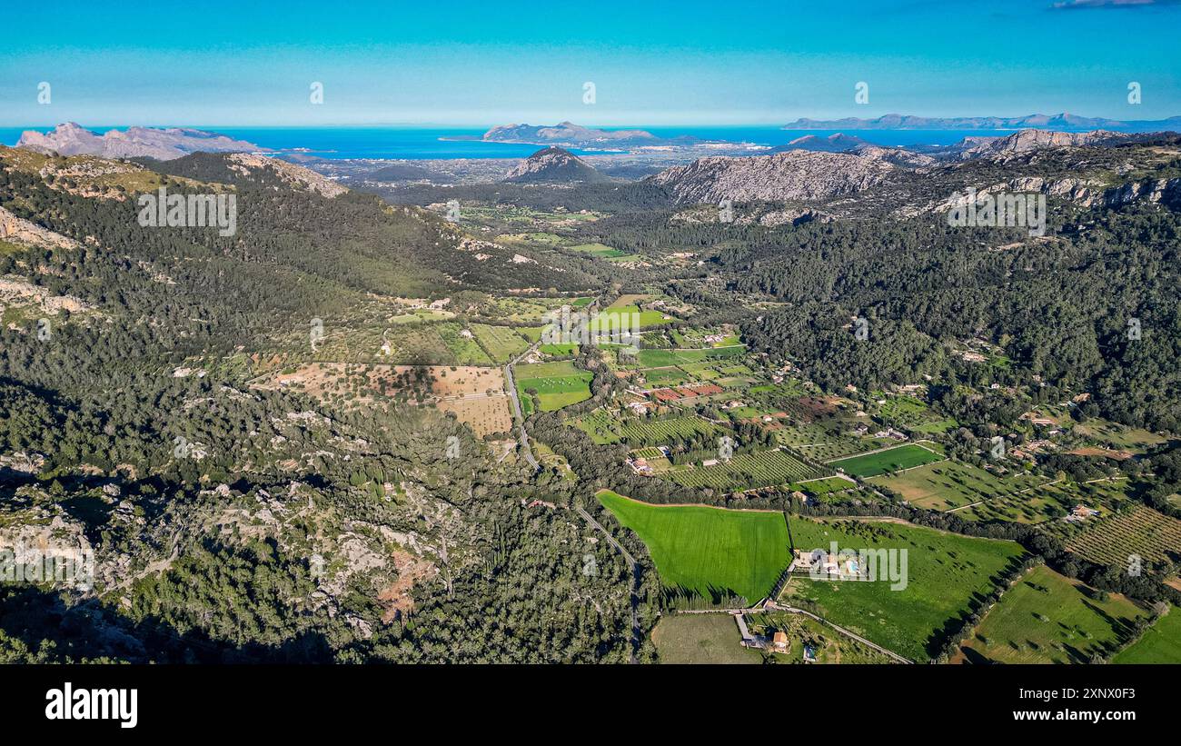 Aerial of the beautiful valley behind Pollenca, Mallorca, Balearic ...