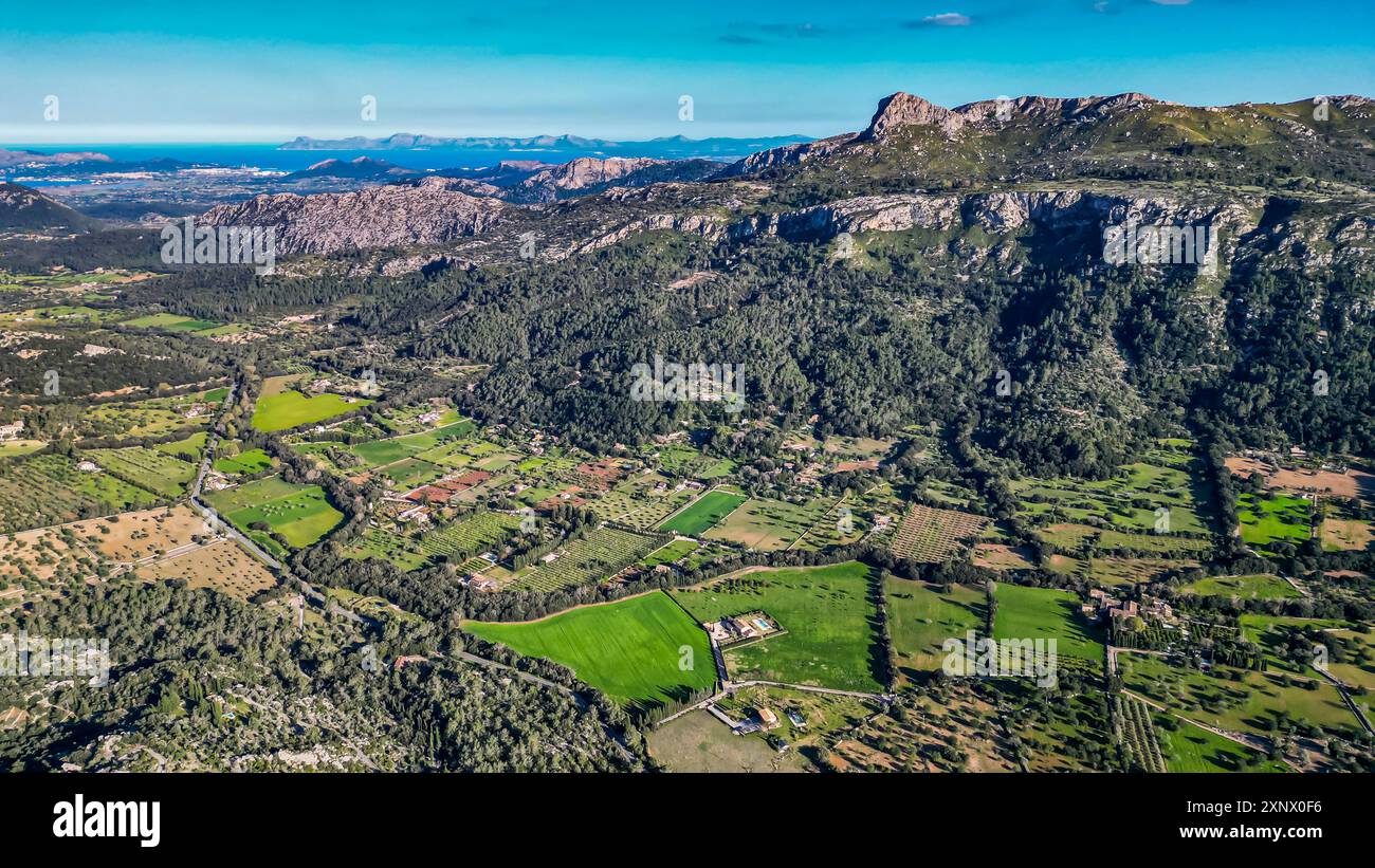 Aerial of the beautiful valley behind Pollenca, Mallorca, Balearic ...
