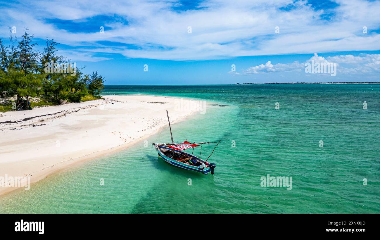 Aerial of a white sand beach on Sete Paus island near the Island of ...