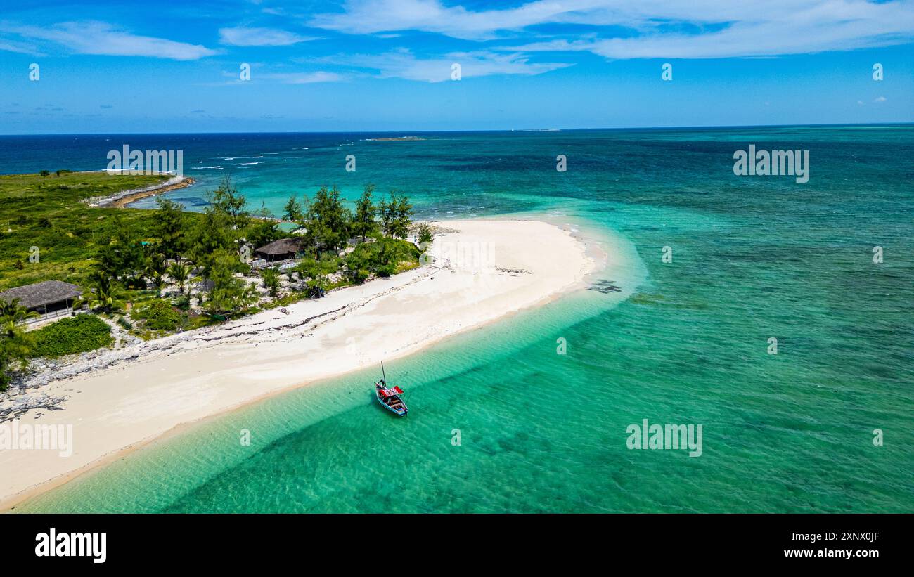 Aerial of a white sand beach on Sete Paus island near the Island of ...