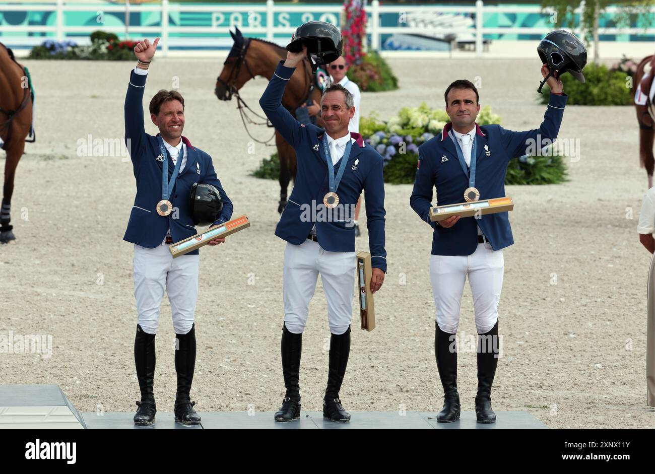 Paris, France. 02nd Aug, 2024. Team France celebrates bronze on the ...