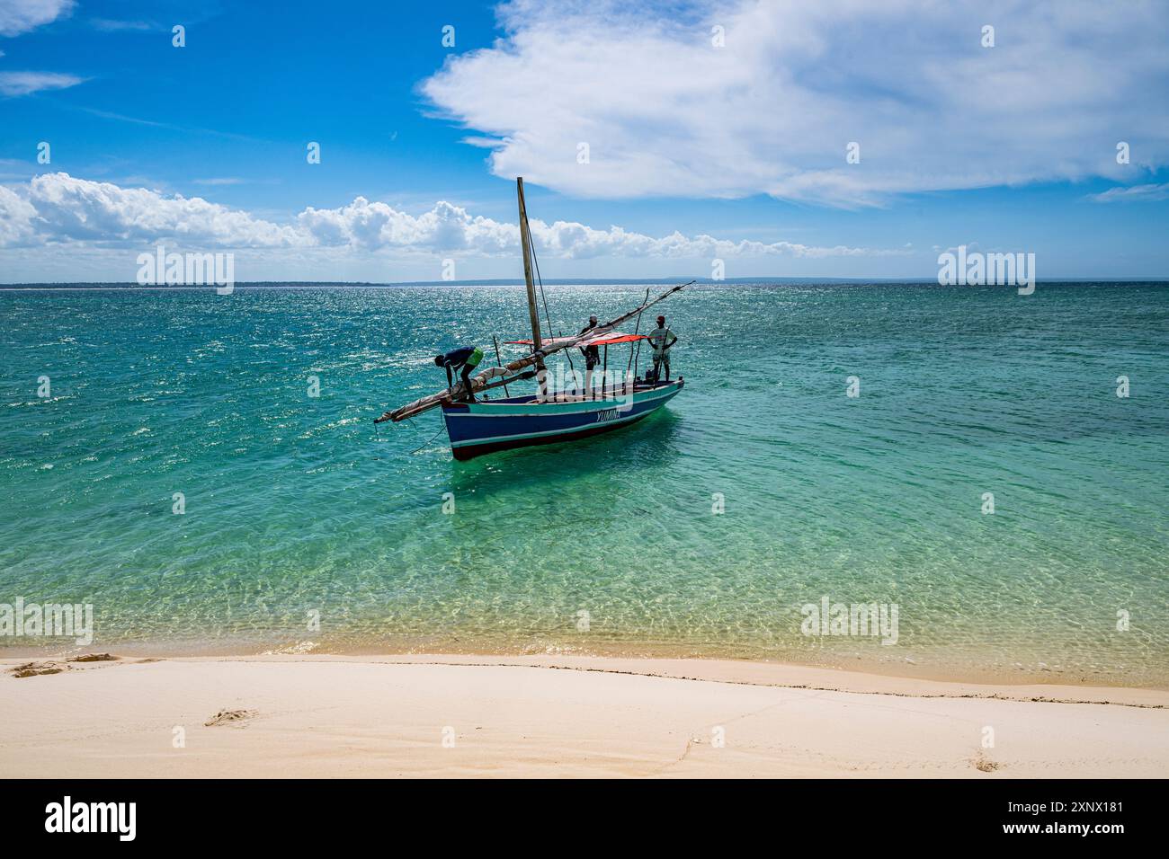 Traditional Dhow on a white sand beach on Sete Paus island near the ...