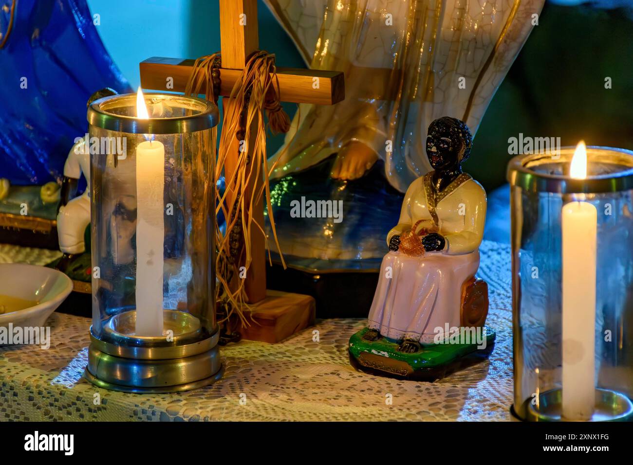 Altar with religious symbols honoring the entities and deities present ...