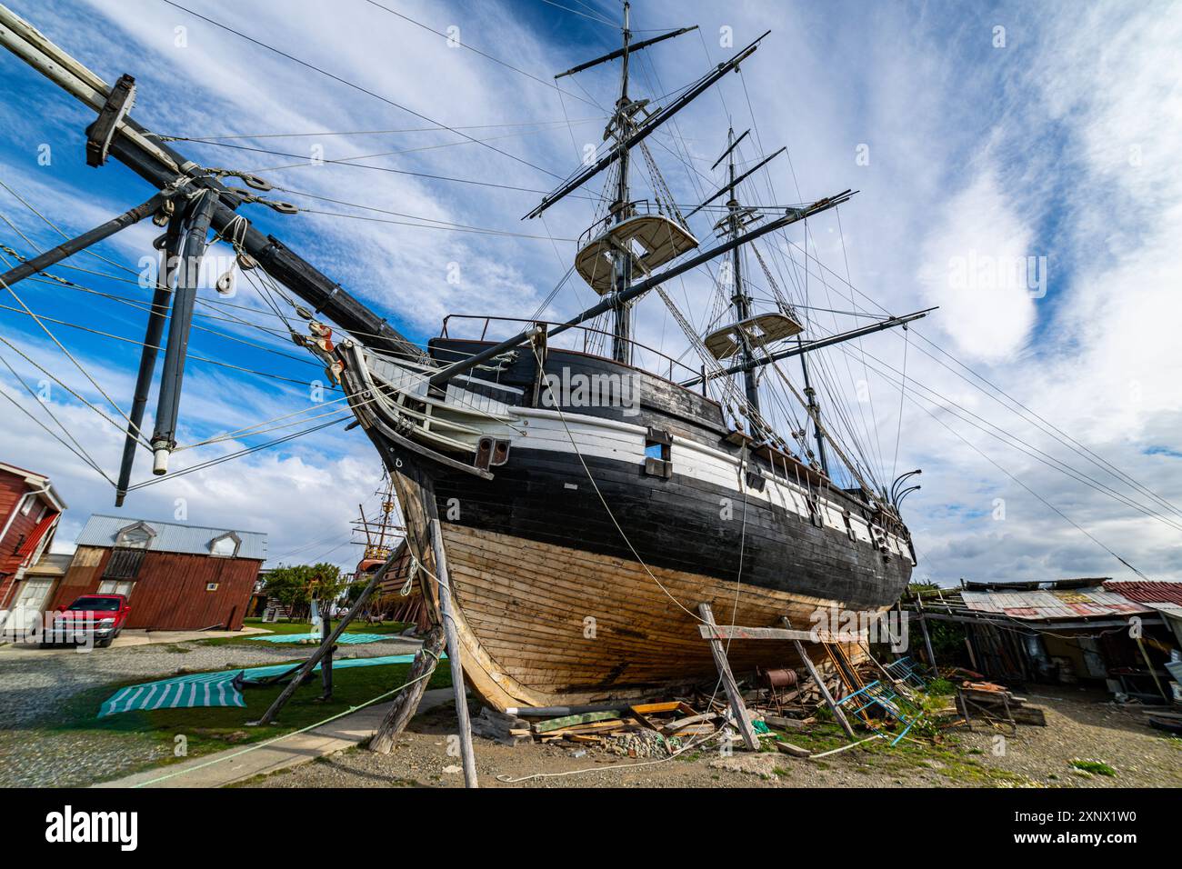 Replica of historic ship, Nao Victoria Museo, Shoreline of Punta Arenas ...