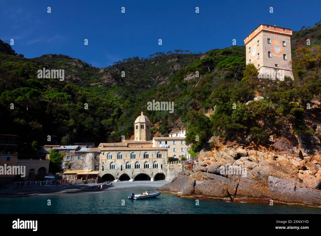 San Fruttuoso Abbey, a Romanesque religious building located in a ...