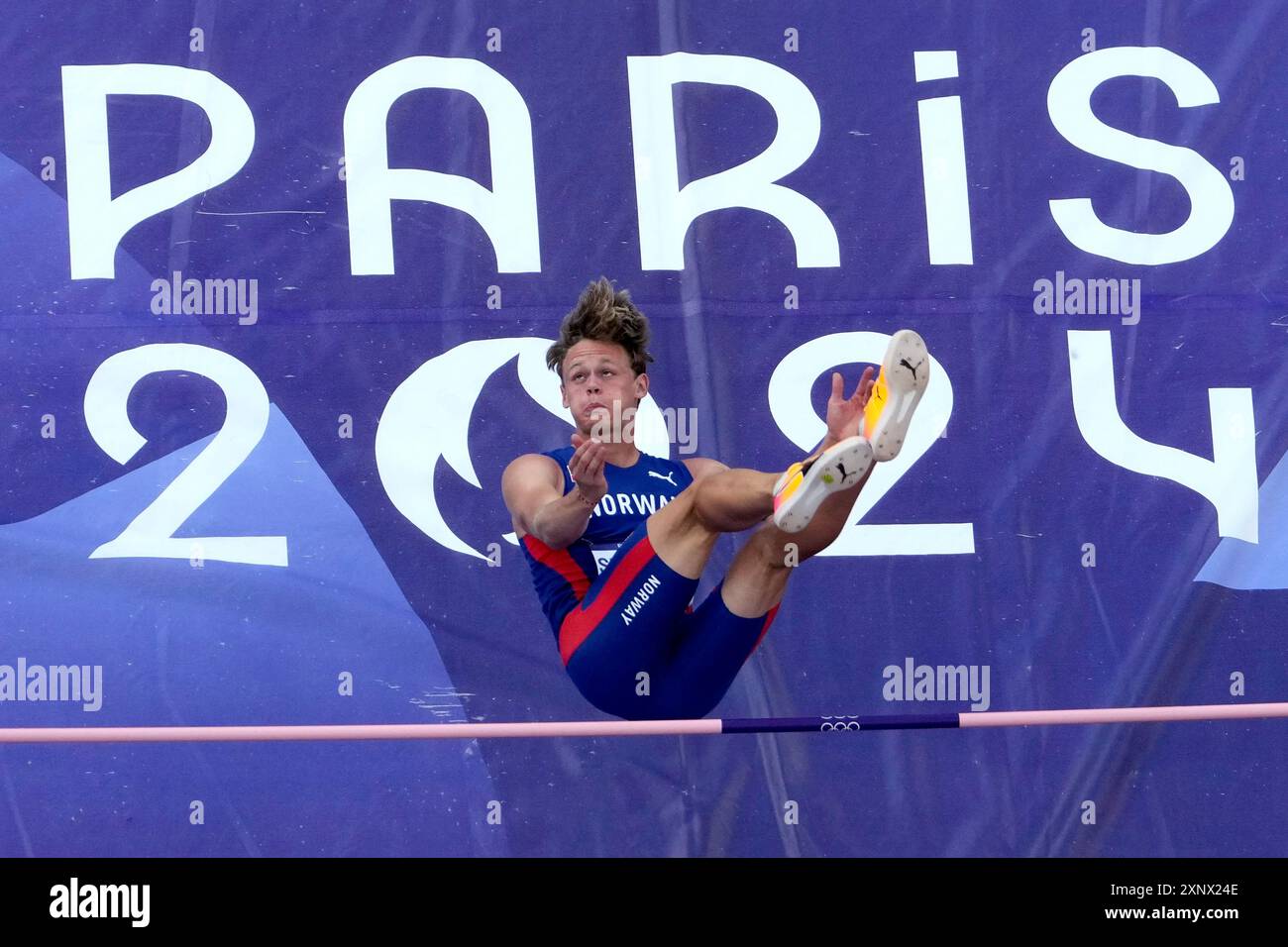 Sander Skotheim, of Norway, competes in the decathlon high jump at the ...