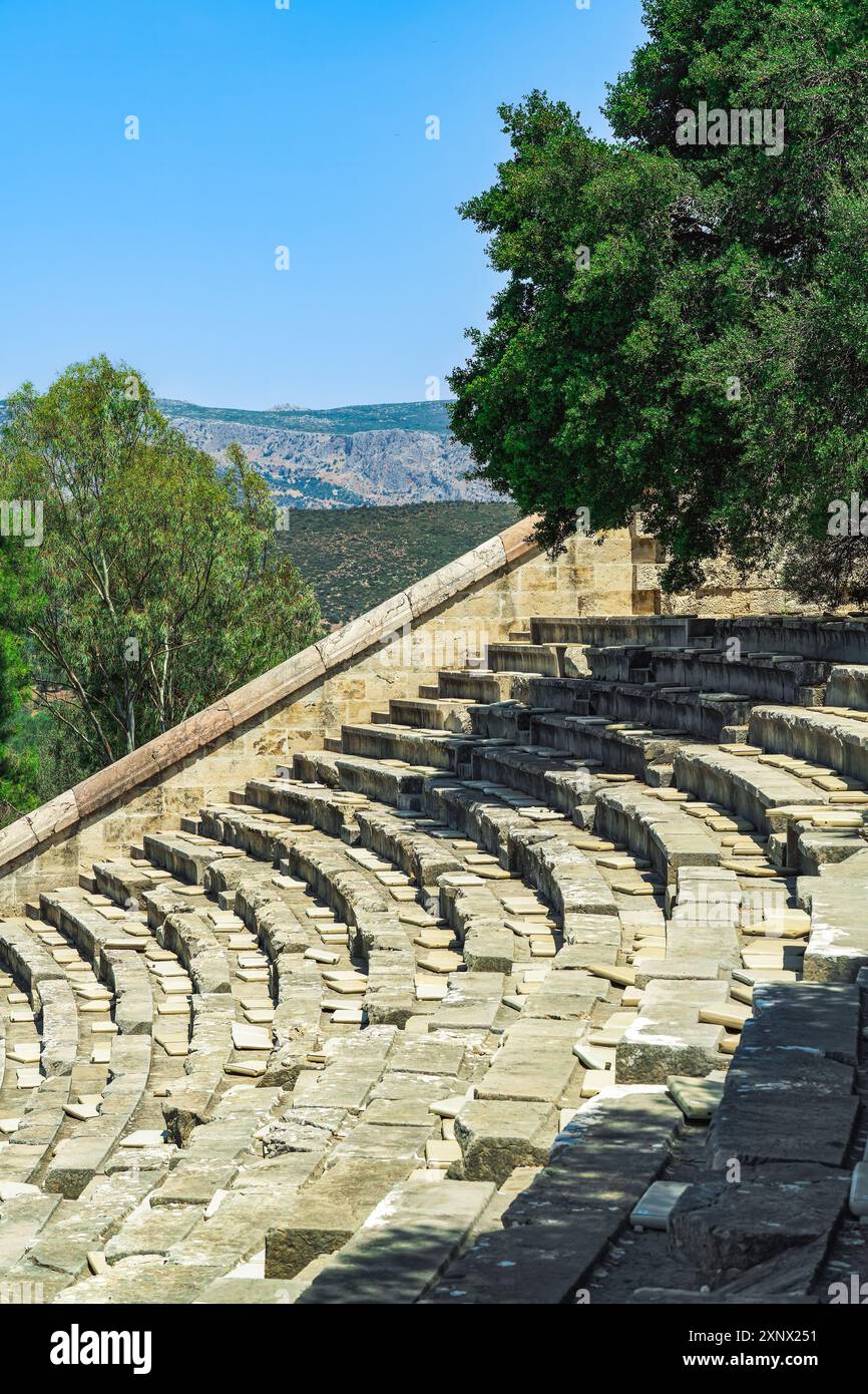 Ancient Greek Theater, empty marble seats detail against blue sky, the ...