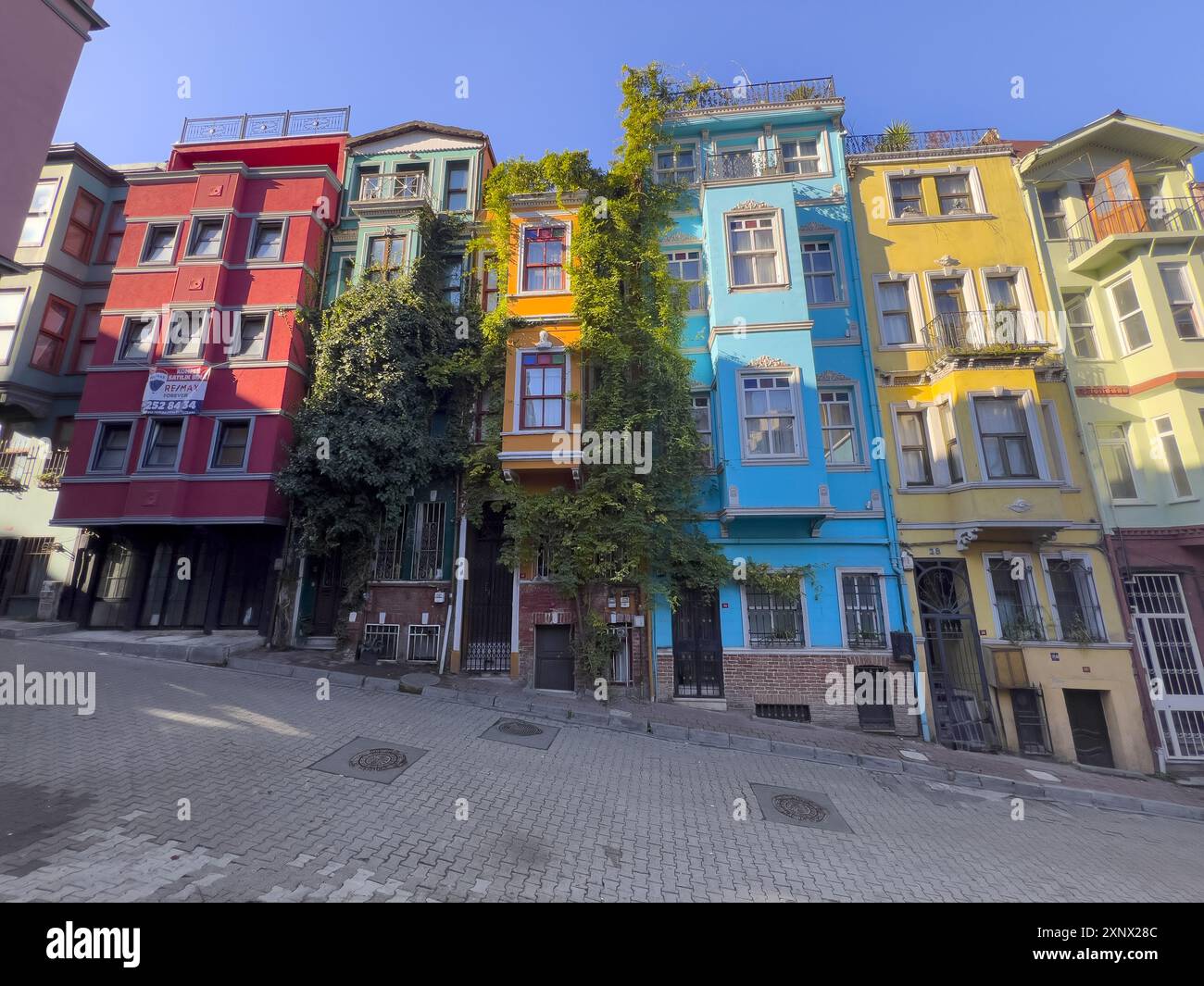 Colourful houses in the Balat district of Istanbul, Turkey, Europe ...