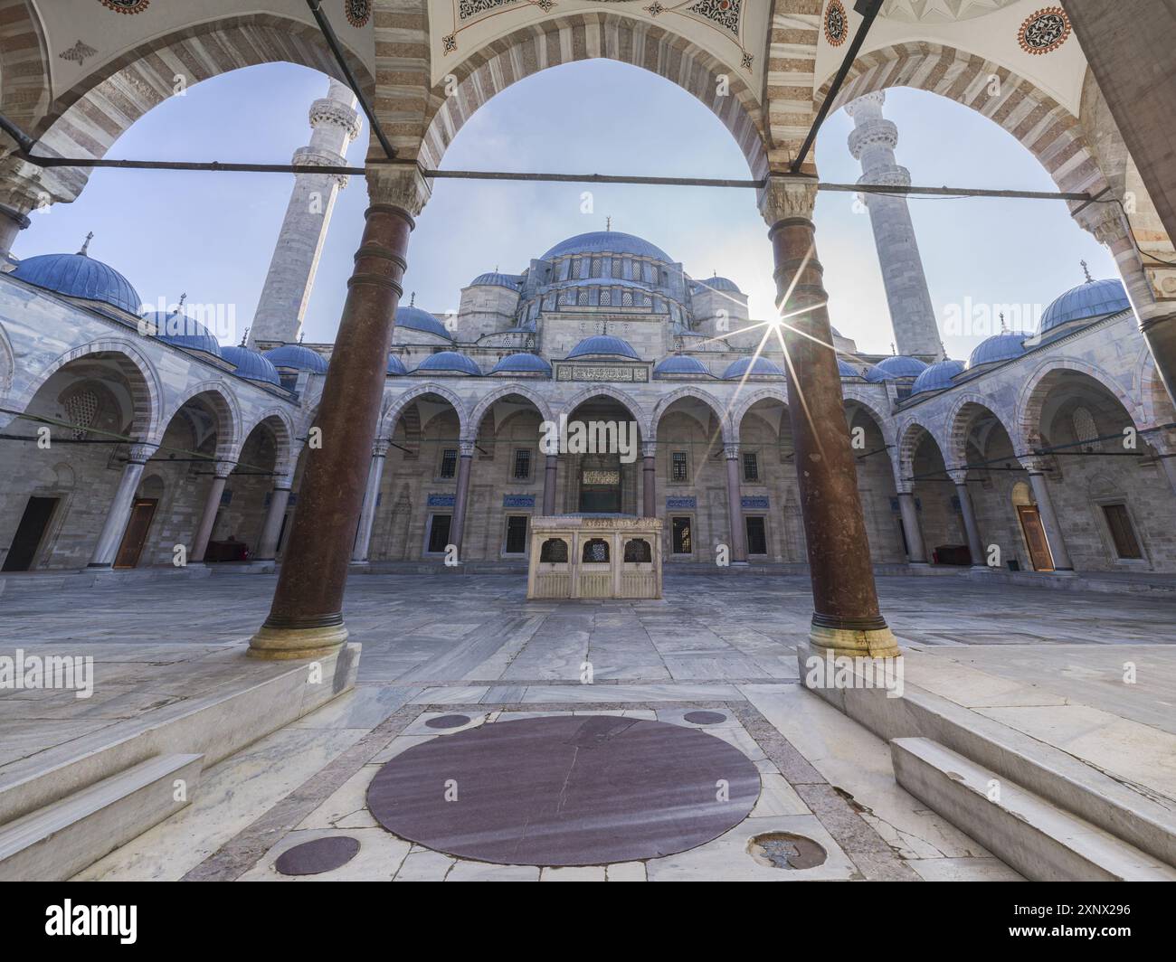Suleymaniye Camii Mosque inner square and portico in the early morning ...
