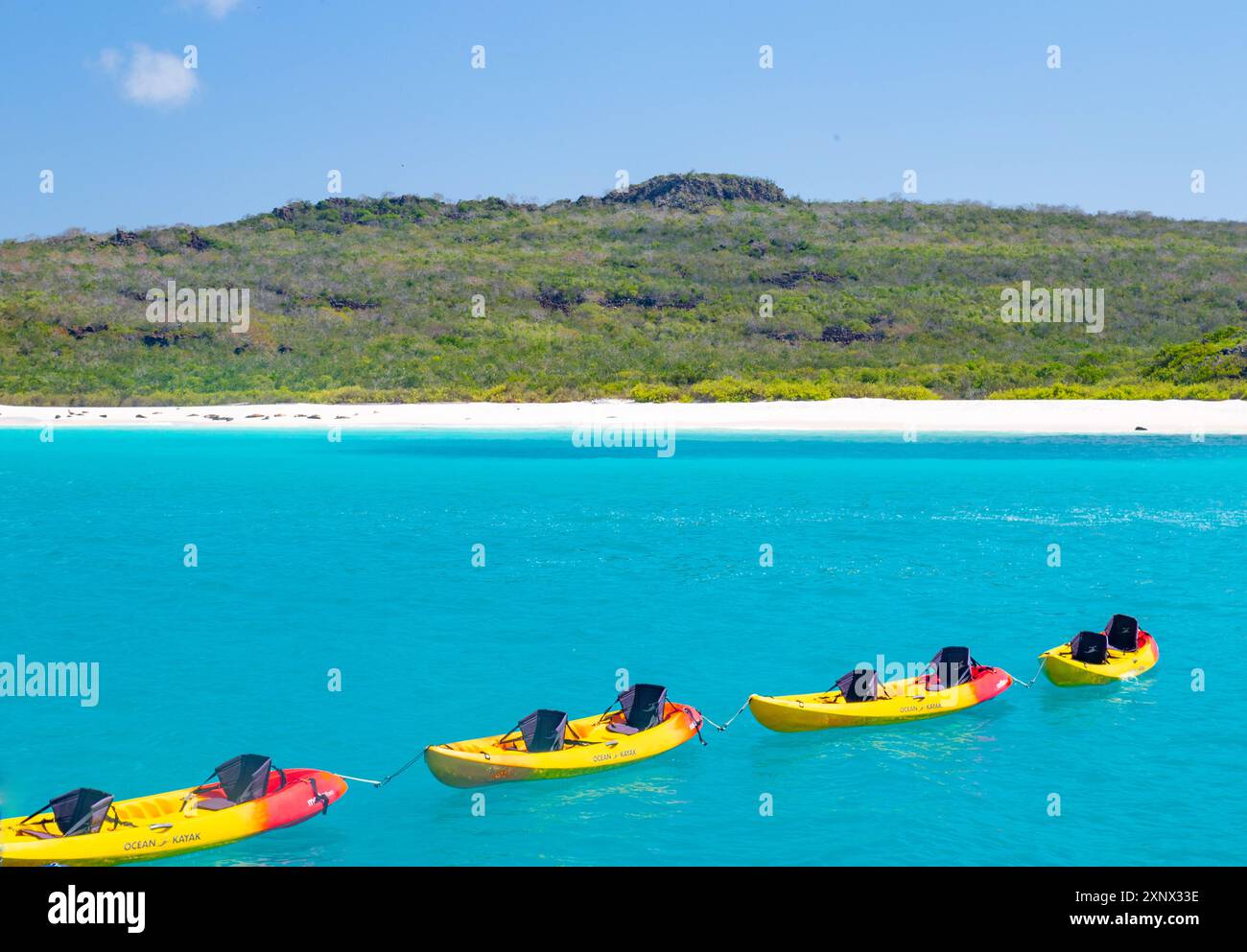 Brightly coloured kyaks in Gardner Bay, Espanola Island, Galapagos ...