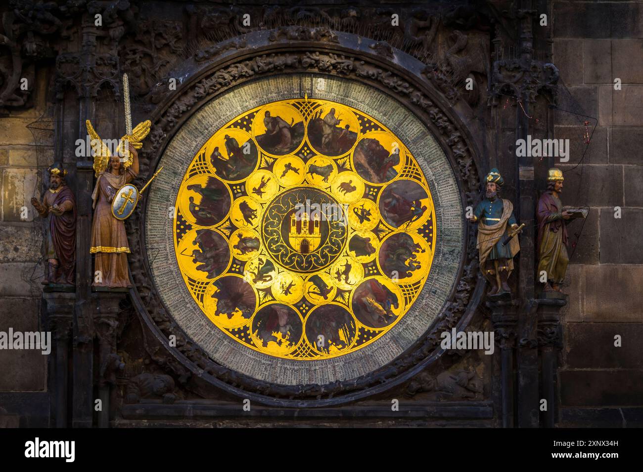 Detail of decorated circle and statues at Astronomical Clock at Old ...