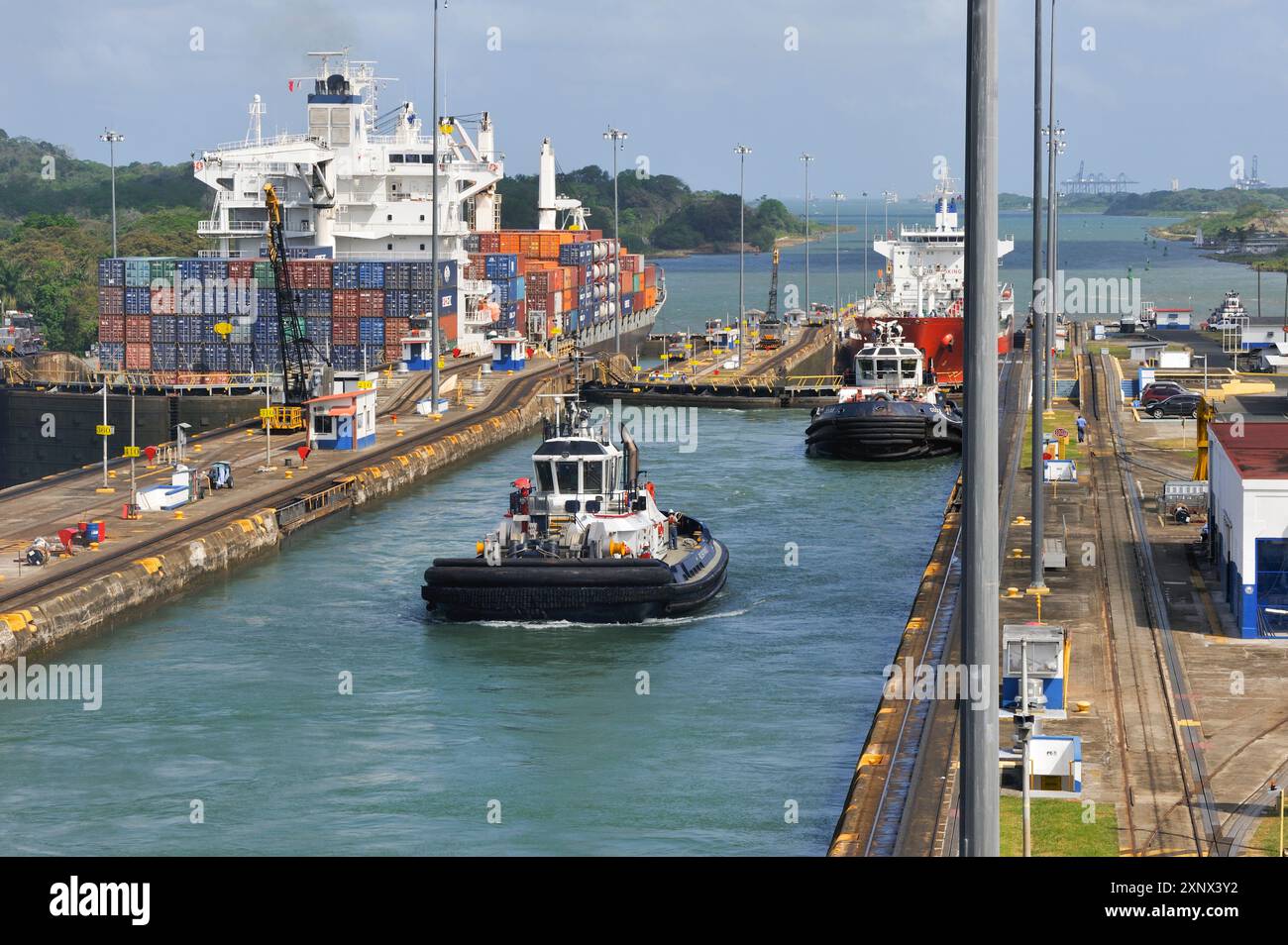 Tug boat crossing the Panama Canal, Gatun locks, Republic of Panama ...