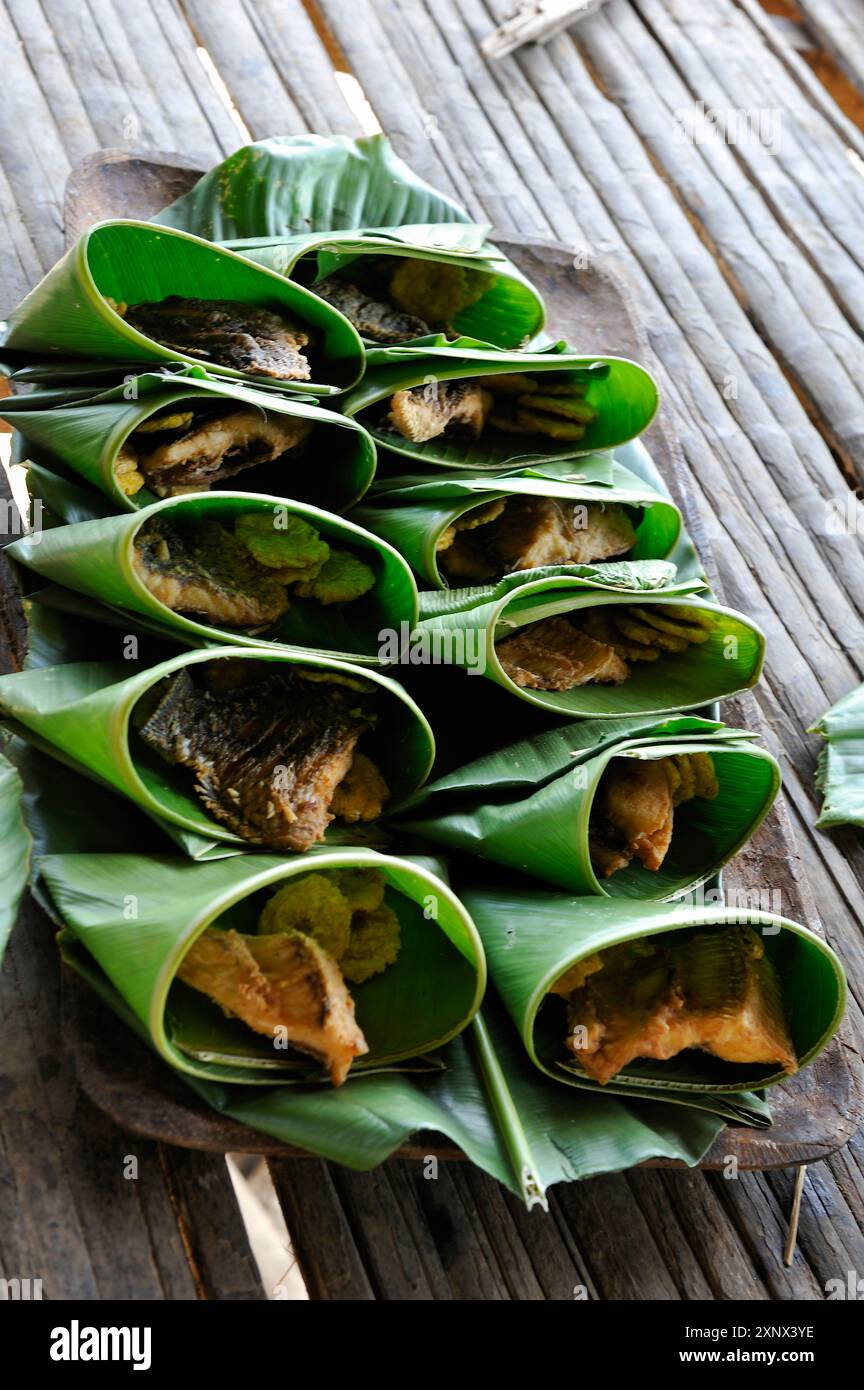 Dishes of fish wrapped in leaves, Embera native community living by the ...
