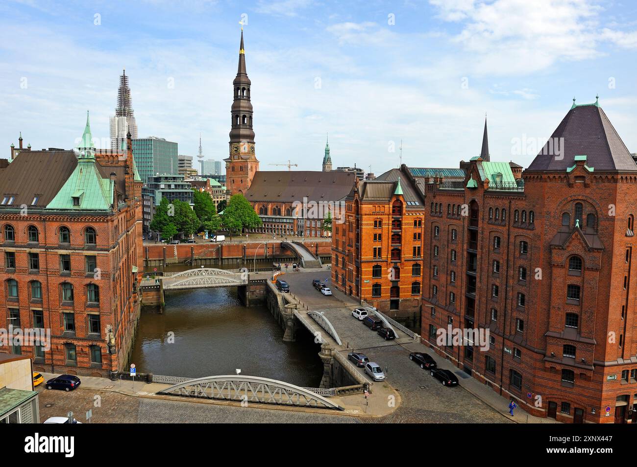 Aerial view of the Kleines Fleet canal in the Speicherstadt (City of ...