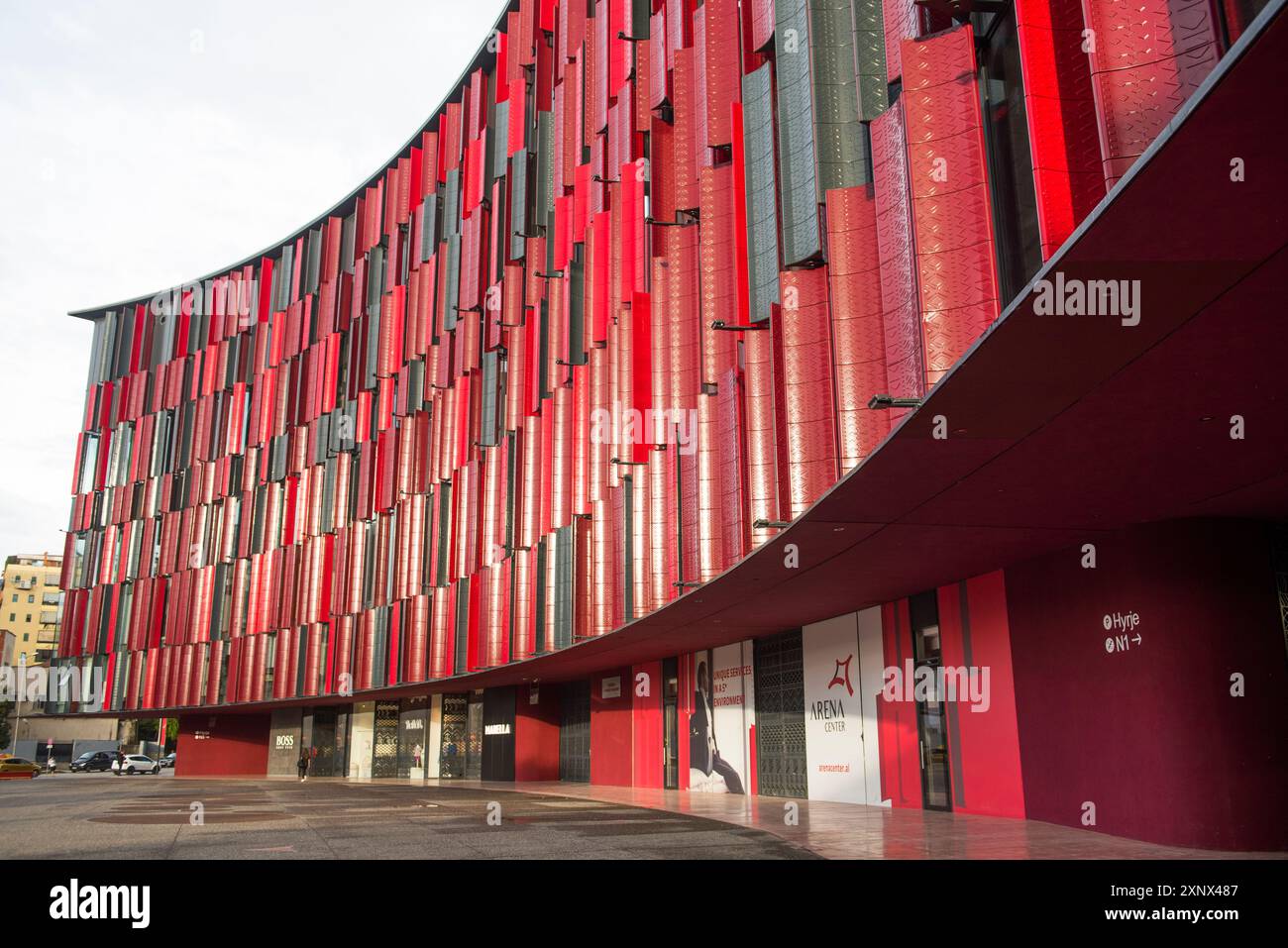Facade of Arena Shopping Center including the Air Albania Stadium ...