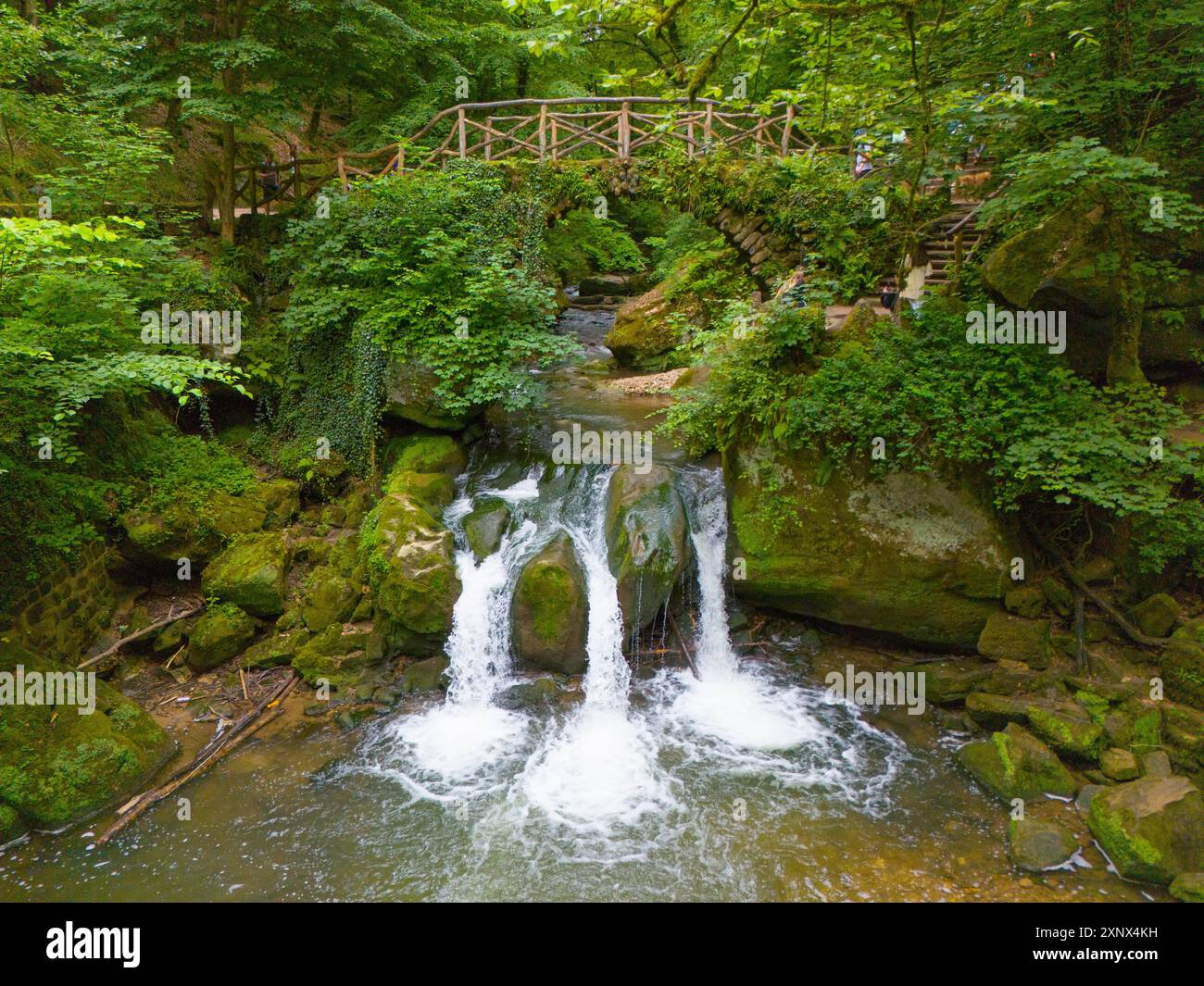 An impressive waterfall in the forest under a bridge with dense green ...