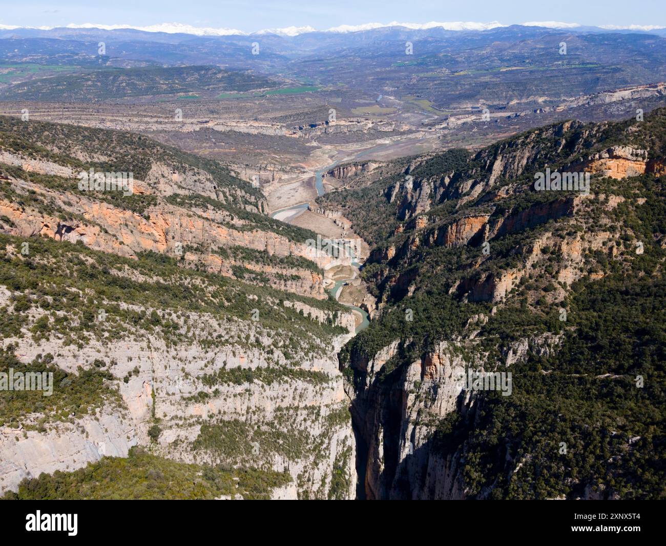 Comprehensive view of a wide, meandering gorge surrounded by green ...