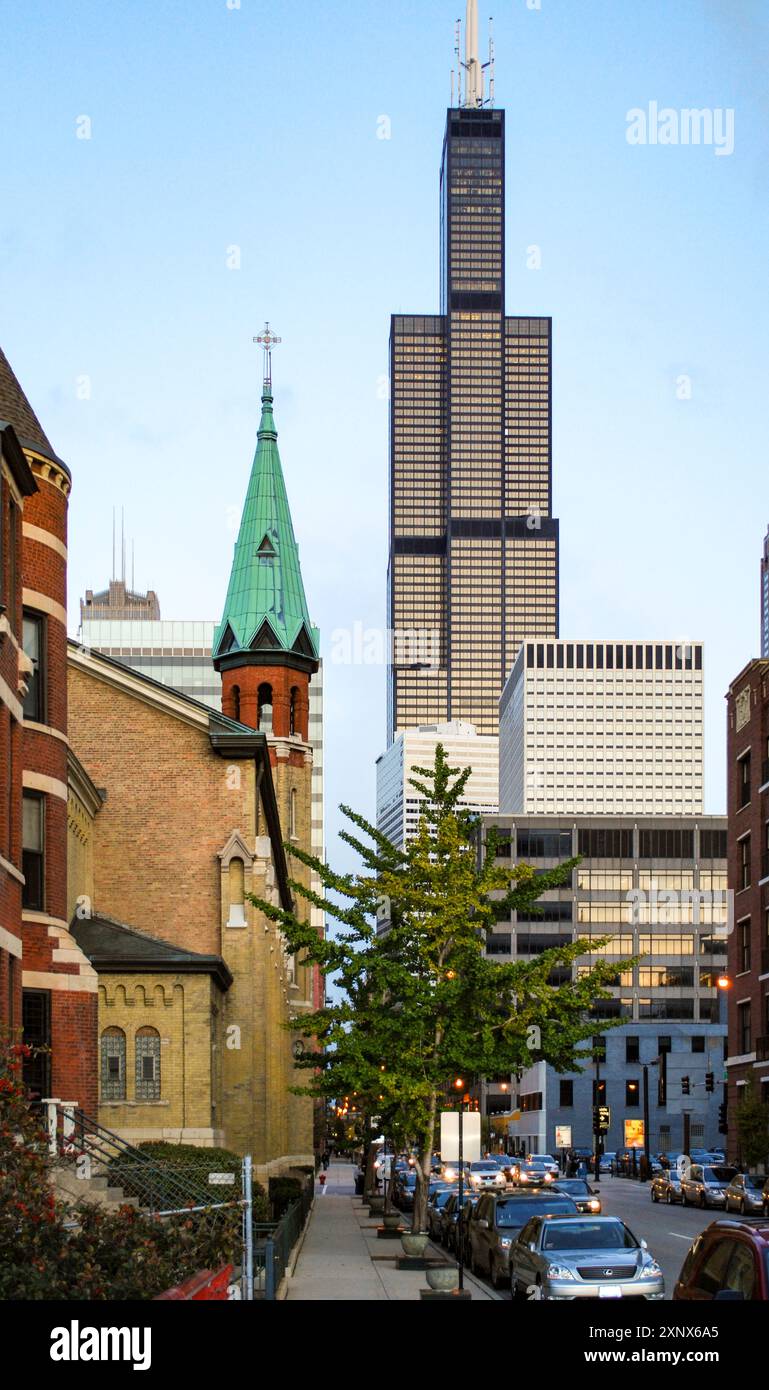 Skyscraper and church in Chicago Stock Photo - Alamy