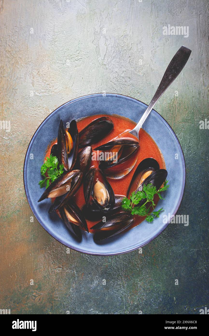 Fra Diavolo mussels, mussels in tomato sauce, Italian dish, top view ...