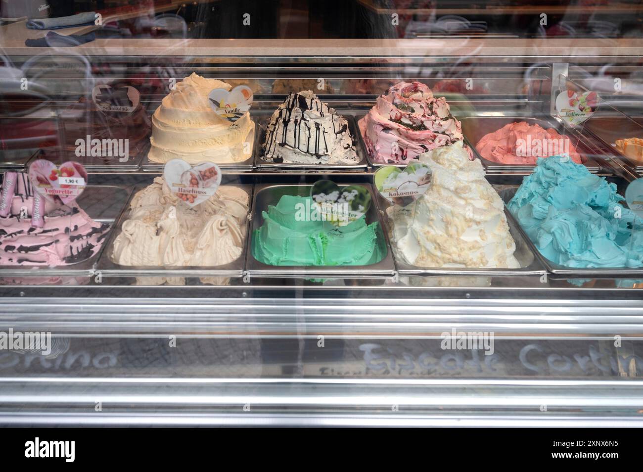 Ice cream flavours in the counter of an ice cream parlour, Bavaria ...