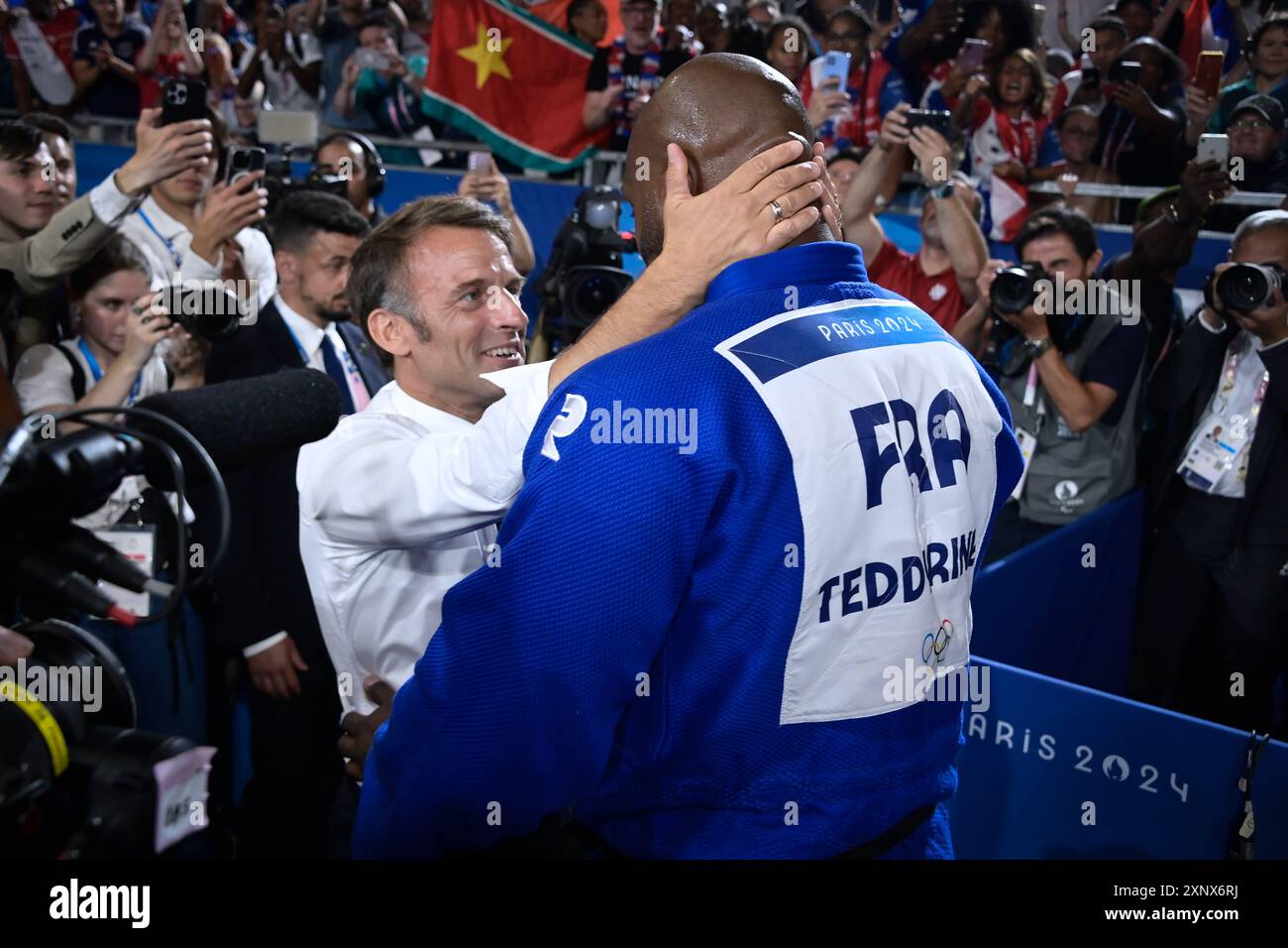 Teddy Riner ( FRA ) Gold medal celebrates with Emmanuel Macron ( French ...