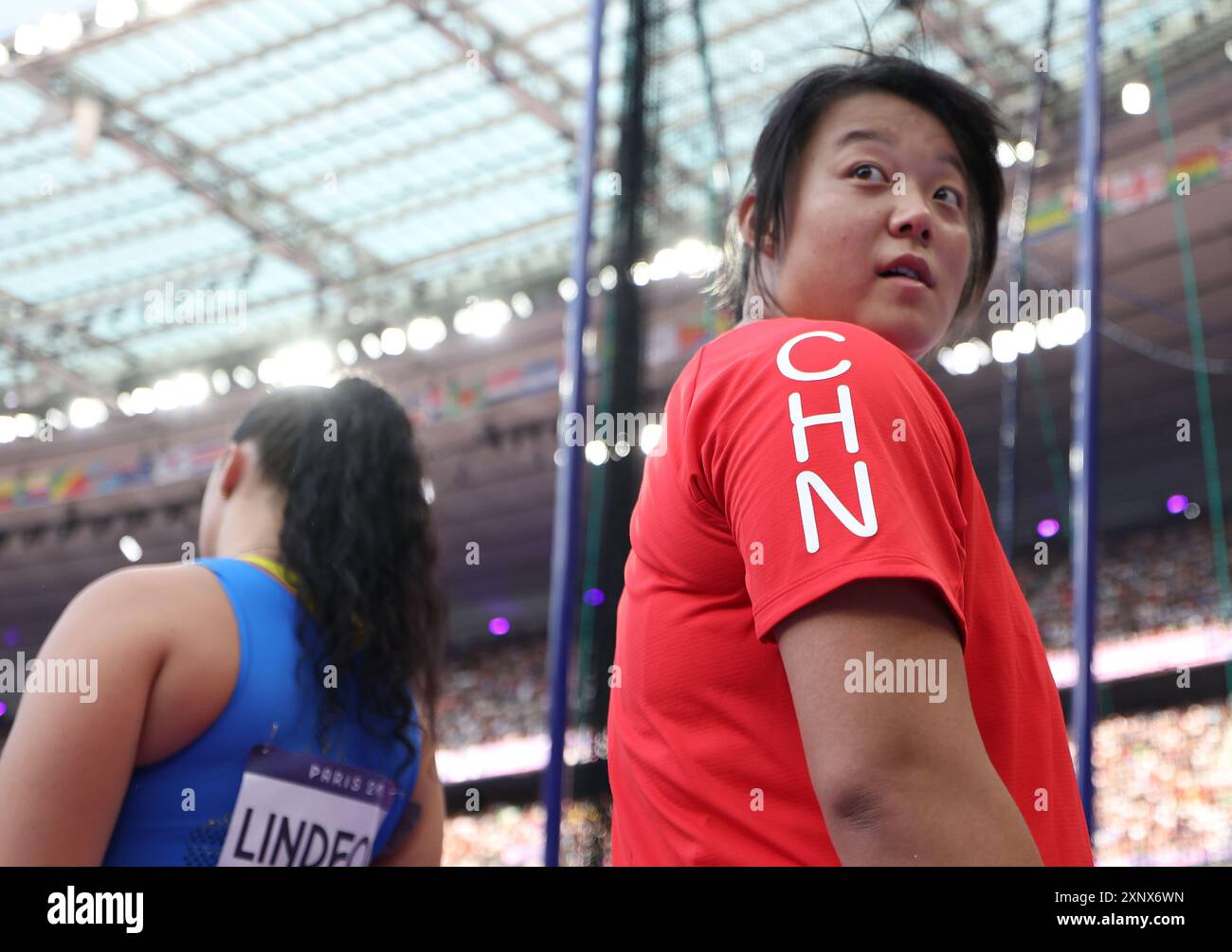 Paris, France. 2nd Aug, 2024. Jiang Zhichao of China reacts before the women's discus throw ...