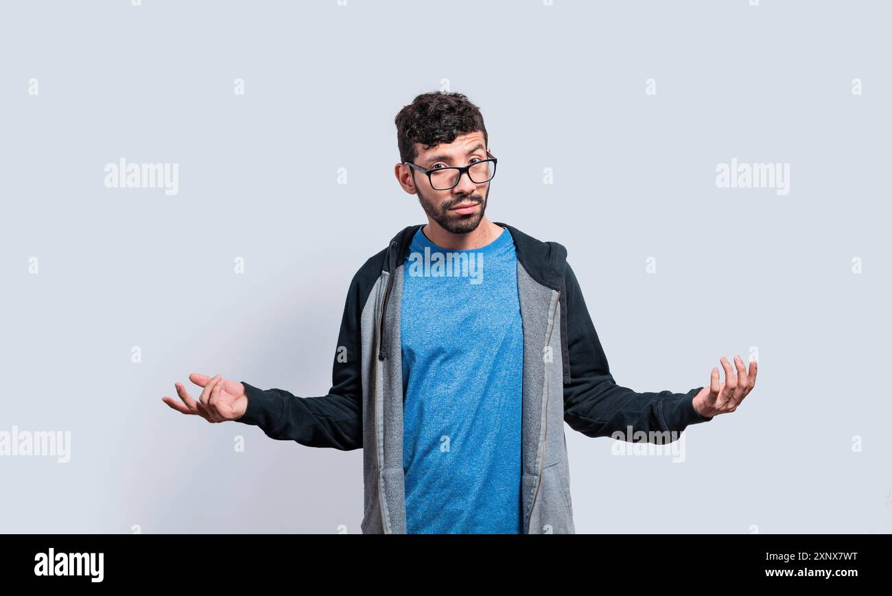 Puzzled person spreading hands isolated. Clueless person with open arms ...