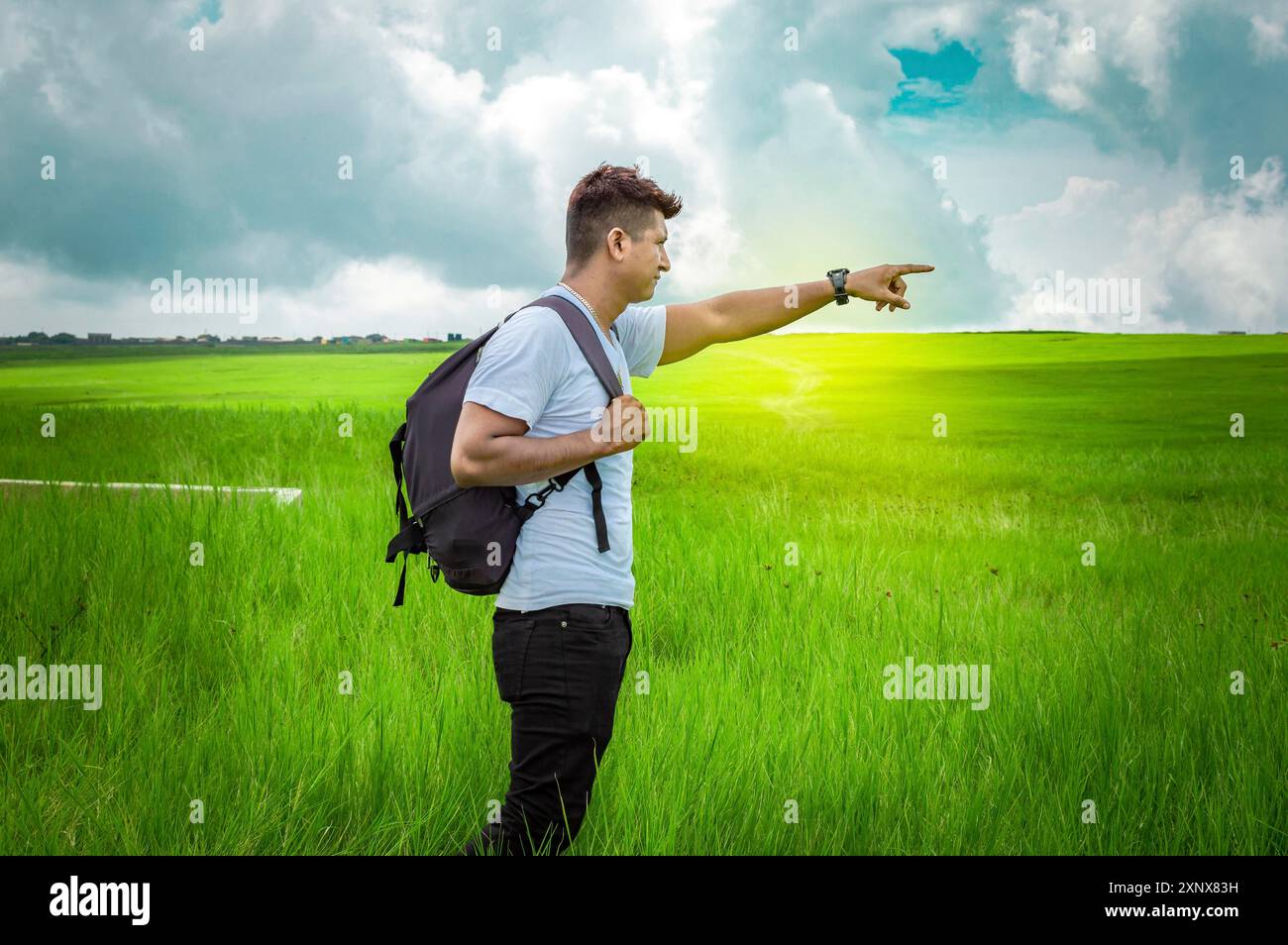 Adventurous man in the field, man with backpack in the field looking ...
