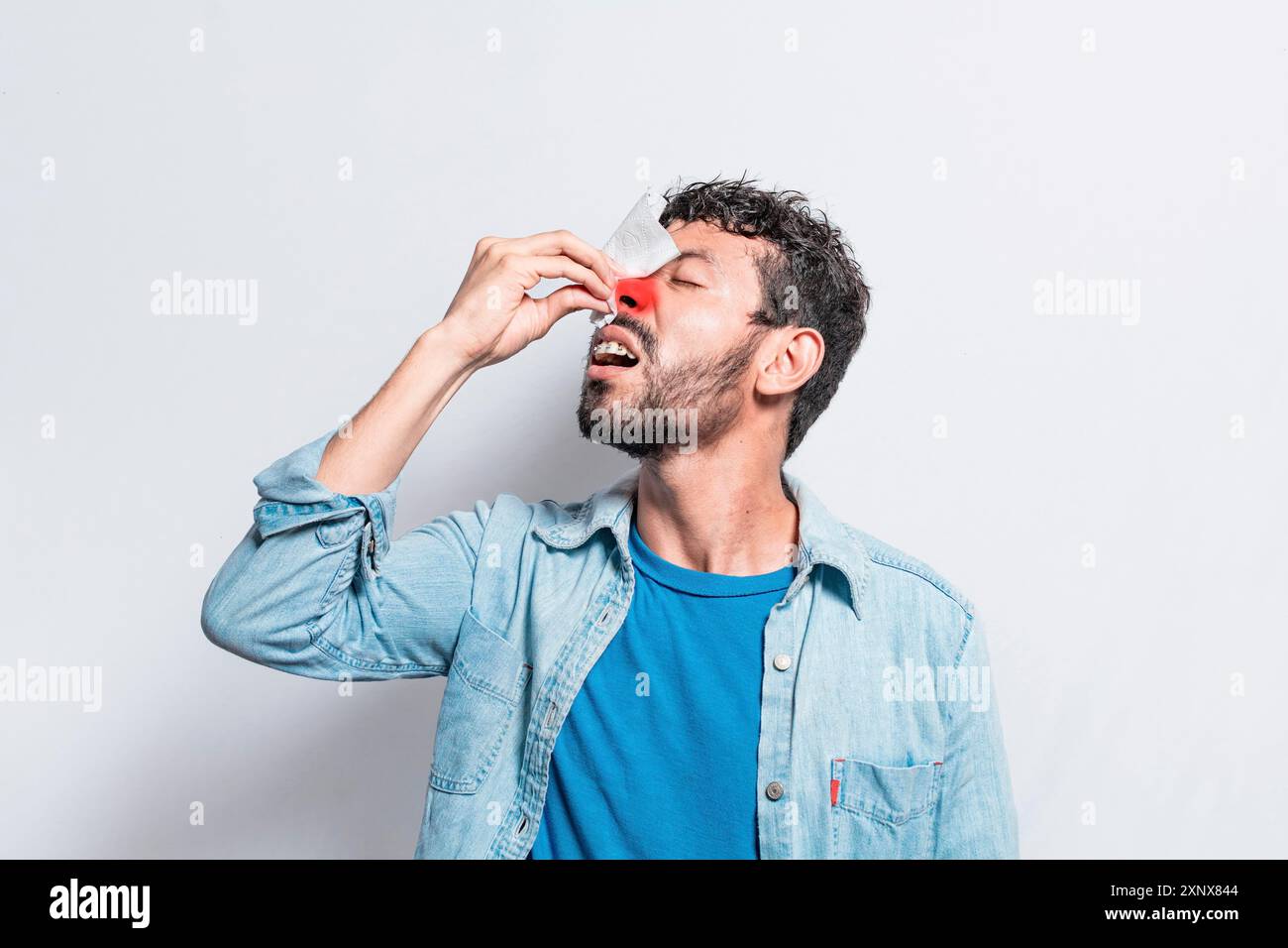Person with irritated nose on isolated background, man with red nose ...