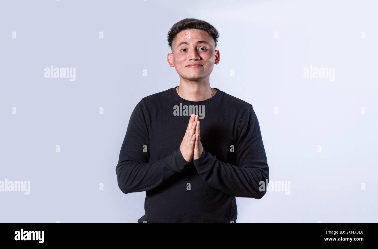 Man asking please isolated. guy putting hands together asking please ...