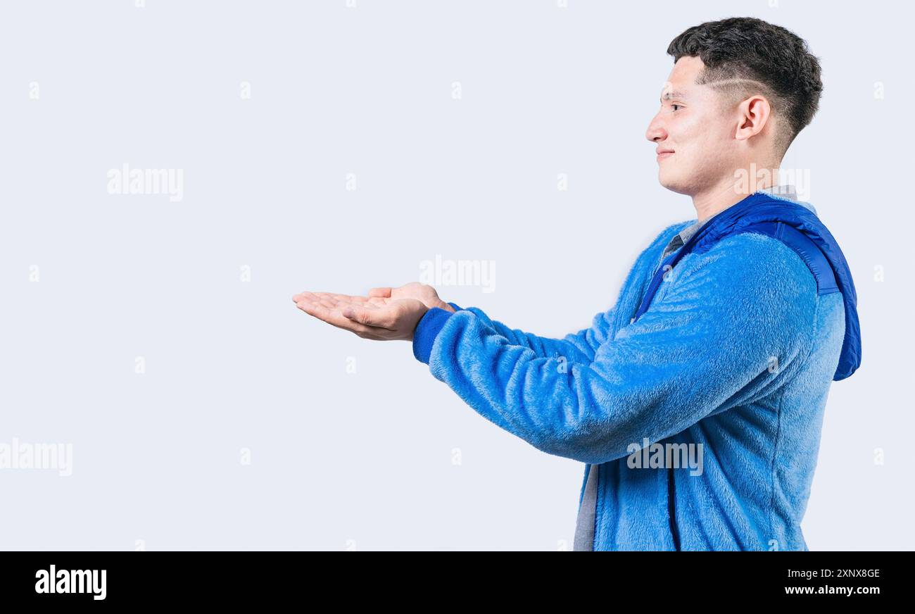 Smiling person showing something with palms together. Guy showing ...