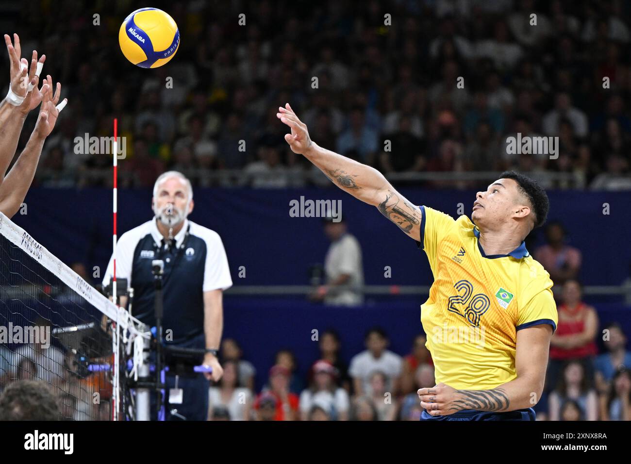 Paris, France. 2nd Aug, 2024. Darlan Ferreira Souza of Brazil spikes ...
