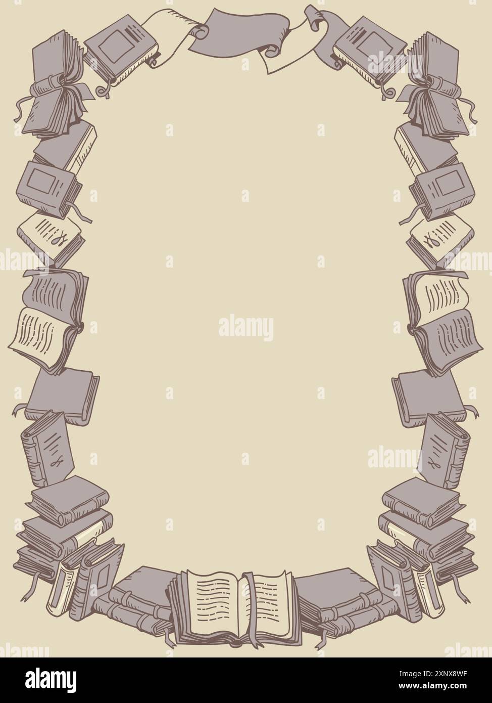 Background frame made of many books and parchments. Bookstore and its ...