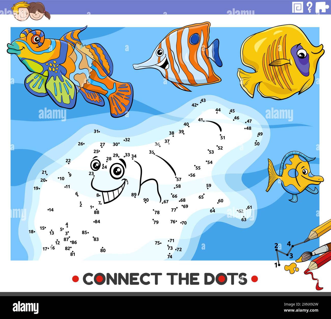 Cartoon illustration of educational connect the dots activity game with ...