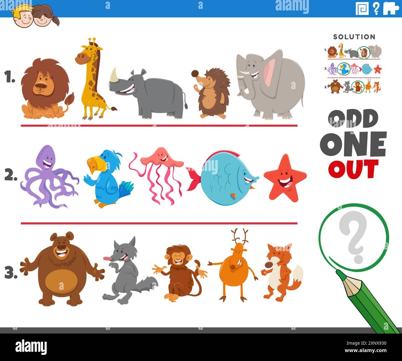 Cartoon illustration of odd one out picture in a row educational ...