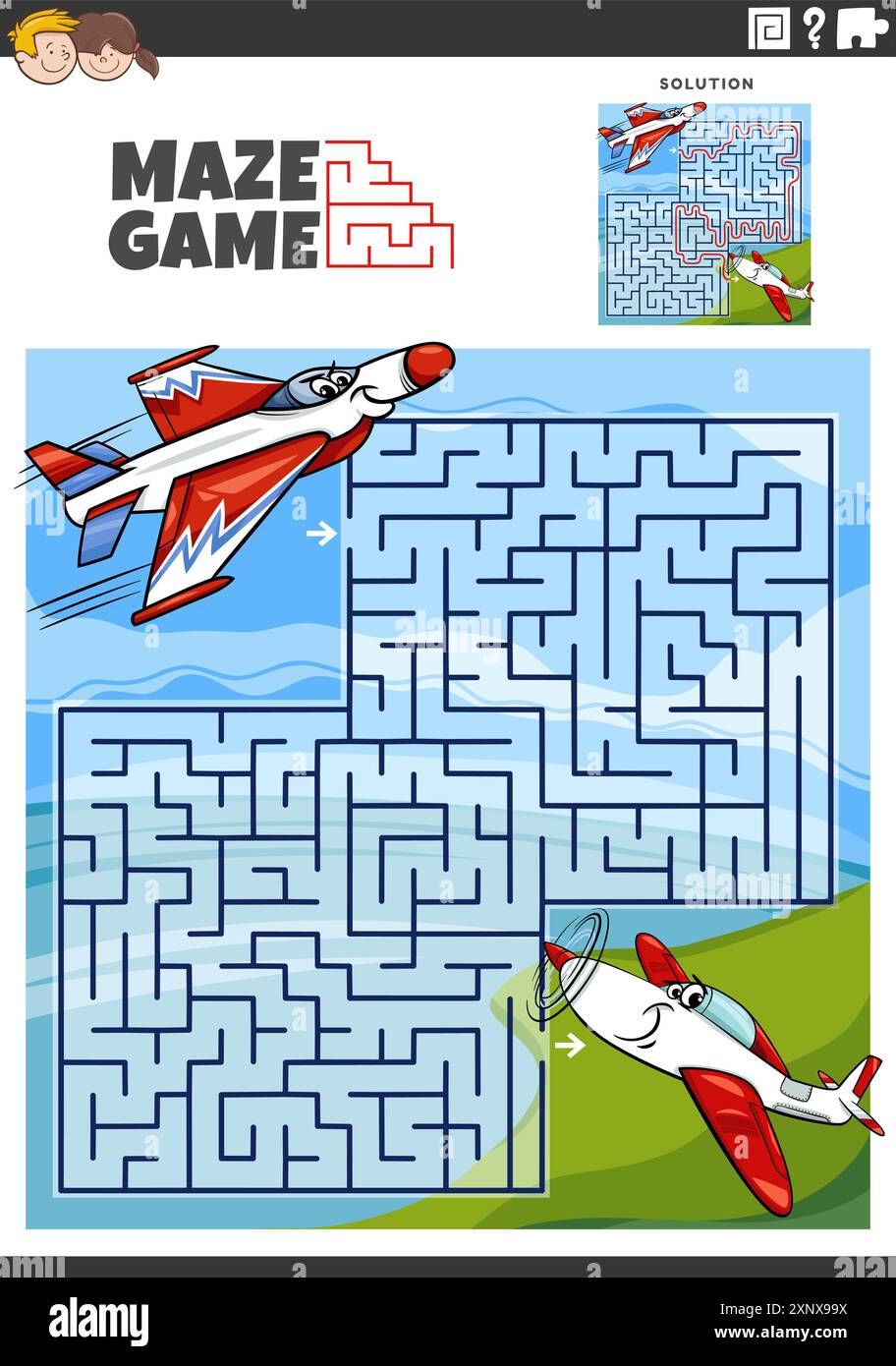 Cartoon illustration of educational maze puzzle game with airplanes ...