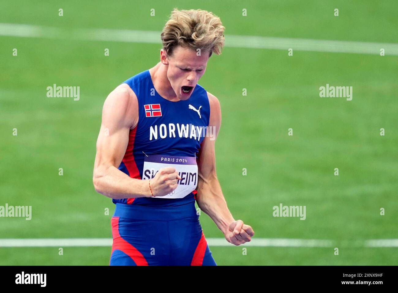 Sander Skotheim, of Norway, celebrates during the decathlon high jump ...
