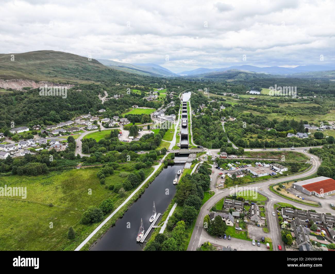 Aerial drone view of Caledonian Canal and Neptunes Staircase locks at ...