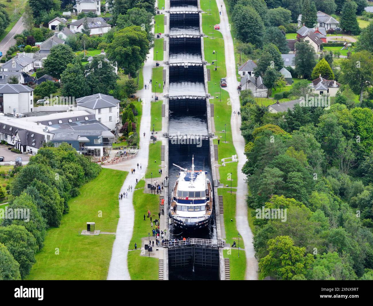 Aerial drone view of Caledonian Canal and Neptunes Staircase locks at ...